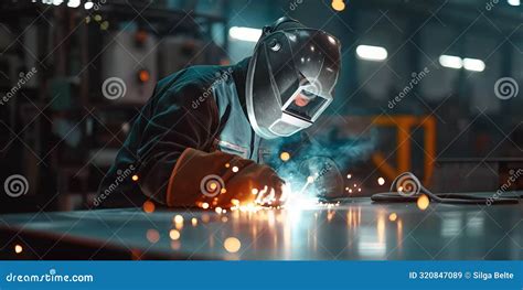 Welder In A Dark Blue Welding Suit Is Welding In A Dimly Lit Industrial Setting The Welder