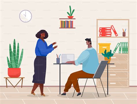 문제를 논의하는 사무원 캐릭터 비즈니스 회의 및 작업 문제 고려 사업가들은 남자와 여자가 의사소통을 하고 상사는 노트북을 들고 사무실 책상에 앉아 있다 벡터