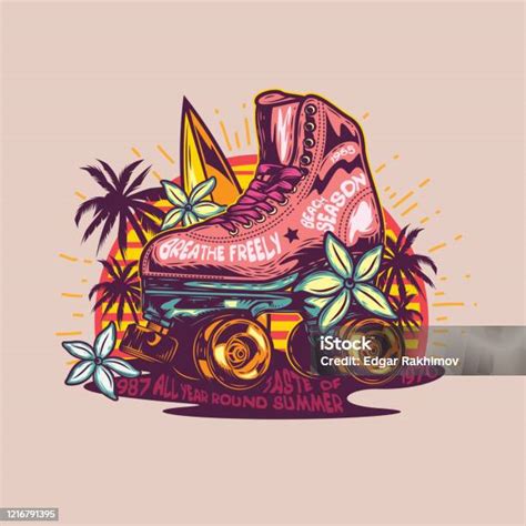 롤러 스케이트는 해변에서 일몰에 벡터 그림 오키드 야자수 와 서핑 보드 롤러 스케이트에 대한 스톡 벡터 아트 및 기타 이미지 롤러 스케이트 1980 1989 년