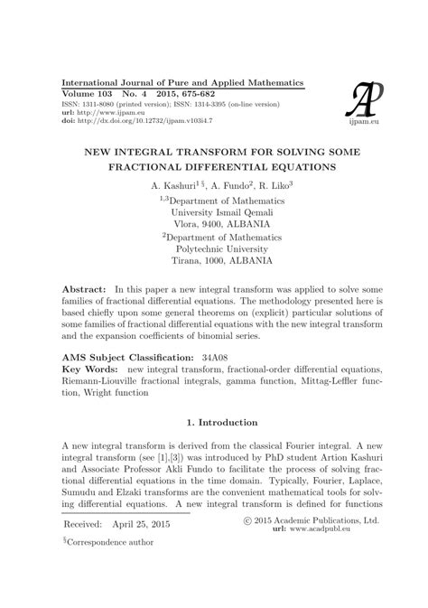 Pdf New Integral Transform For Solving Some Fractional Differential Equations