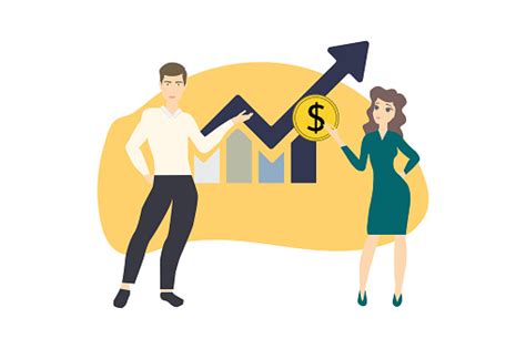 남자와 여자는 재정적 성공과 번영을 나타내는 달러 동전 아이콘으로 성장 그래프를 가리킨다 비즈니스 및 금융 관련 디자인에 적합합니다 카툰 스타일 경영자에 대한 스톡 벡터