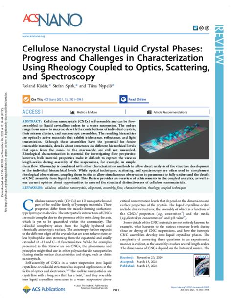 Pdf Cellulose Nanocrystal Liquid Crystal Phases Progress And Challenges In Characterization