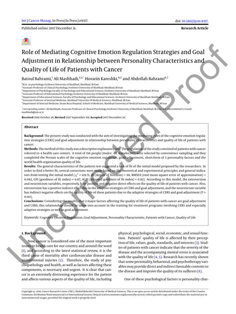 Pdf Role Of Mediating Cognitive Emotion Regulation Strategies And