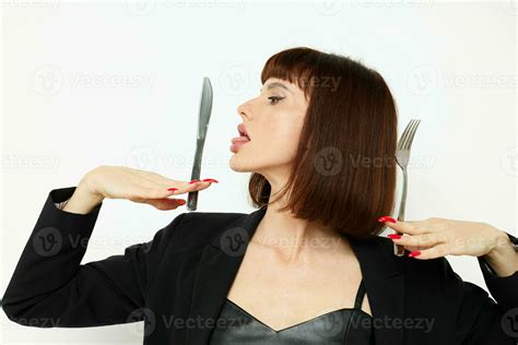 Attractive Woman Knife And Fork In Hands Emotions Posing Lifestyle Unaltered Stock