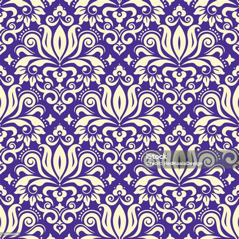 클라시 다마스크 벽지 또는 패브릭 프린트 벡터 원활한 패턴 보라색 배경에 꽃 모티프 복고풍 섬유 디자인 과거에 대한 스톡 벡터 아트 및 기타 이미지 Istock