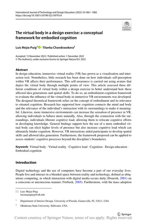 The Virtual Body In A Design Exercise A Conceptual Framework For Embodied Cognition Request Pdf