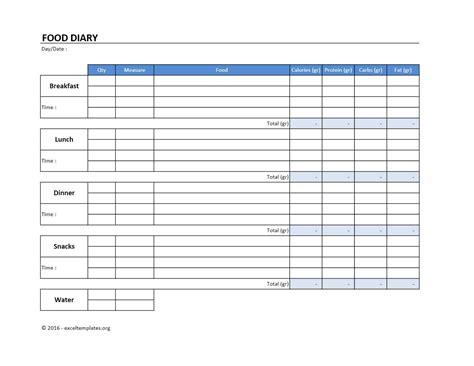 Food Diary Excel Template