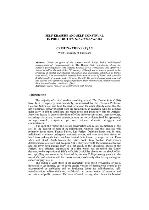 Pdf Self Erasure And Self Construal In Philip Roths The Human Stain