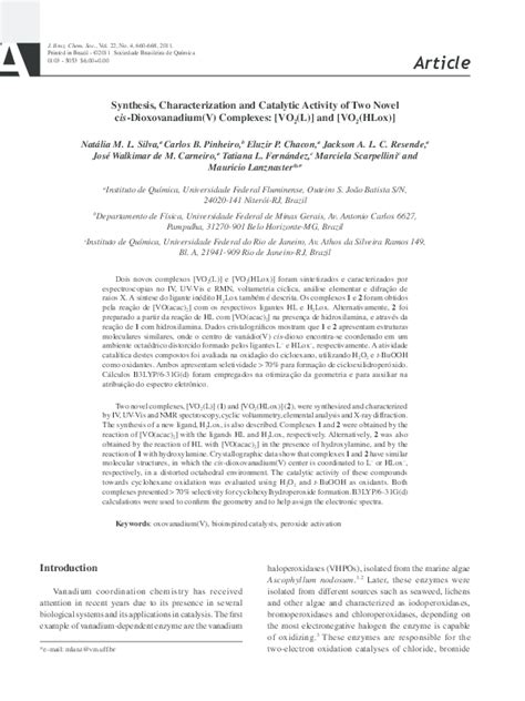 Pdf Synthesis Characterization And Catalytic Activities Of Vanadium Complexes Containing Onn