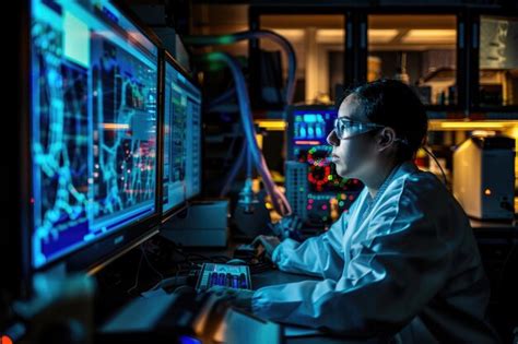 In A Hightech Lab A Scientist Is Deeply Focused On Analyzing Data Using Multiple Computer