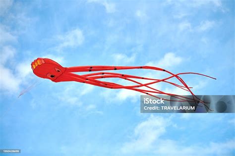 푸른 흐린 하늘 레드 오렌지 특이한 연 연 축제에서 비행 밝은 빨간 분홍색 연 문어 구름에 대한 스톡 사진 및 기타 이미지 구름 구름 풍경 귀여운 Istock