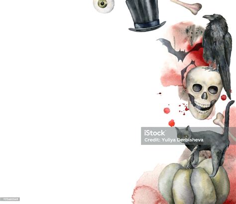 까마귀와 두개골 수채화 할로윈 카드입니다 흰색 배경에 고립 된 고양이 모자 혈액 및 박쥐가있는 손으로 그린 템플릿 휴일 구성 디자인 인쇄 또는 배경에 대한 그림입니다 고풍