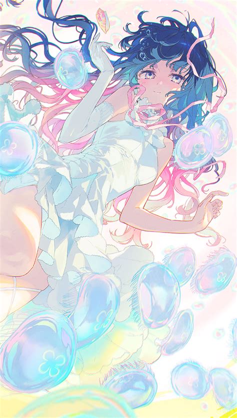 Safebooru 1girl Air Bubble Blue Hair Breasts Bubble Closed Mouth Curly Hair Dress Elbow Gloves