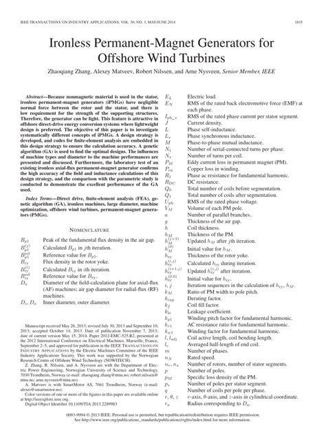 Pdf Ironless Permanent Magnet Generators For Offshore Wind Turbines