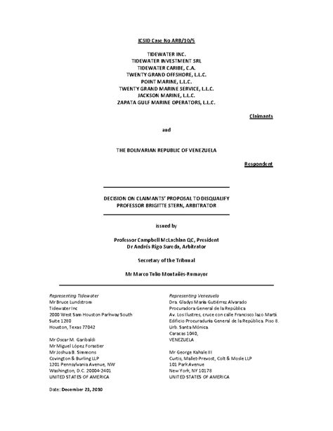Icsid Case No Tidewater Inc Vs Venezuela Disqualification Decision