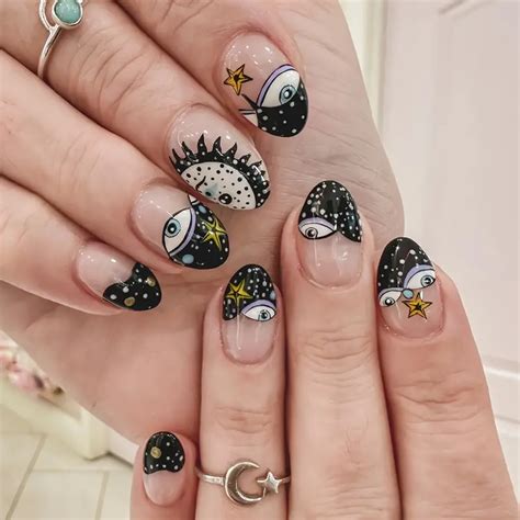알몬드 프레스온 네일 팁 24개 세트 눈과 별이 있는 광택 있는 블랙 우주 테마 빠른 적용 여성과 소녀들을 Temu