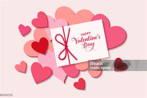 빨간색과 분홍색 하트가 있는 분홍색 배경에 빨간 리본과 리본이 있는 장식용 흰색 선물 카드 디자인 템플릿입니다 발렌타인 데이 디자인 템플릿 밸런타인데이에 대한 스톡 벡터