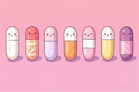 Cute And Happy Pill Characters In A Row On A Soft Pink Background
