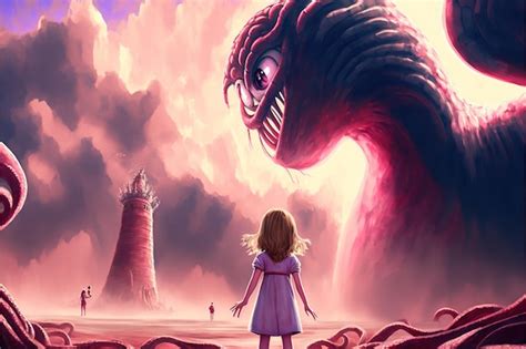 Premium Photo Girl Fighting With The Giant Monster Scifi Scene Of A