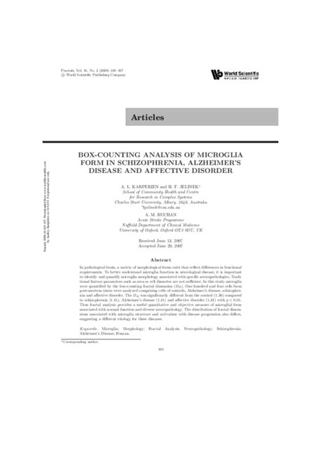 Pdf Box Counting Analysis Of Microglia Form In Schizophrenia Alzheimers Disease And