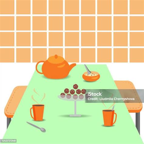 다도 두 테이블 설정입니다 주전자 과자 설탕 두 컵화병 초대 디자인 소셜 네트워크 웹 페이지 디자인에 대한 벡터 일러스트레이션