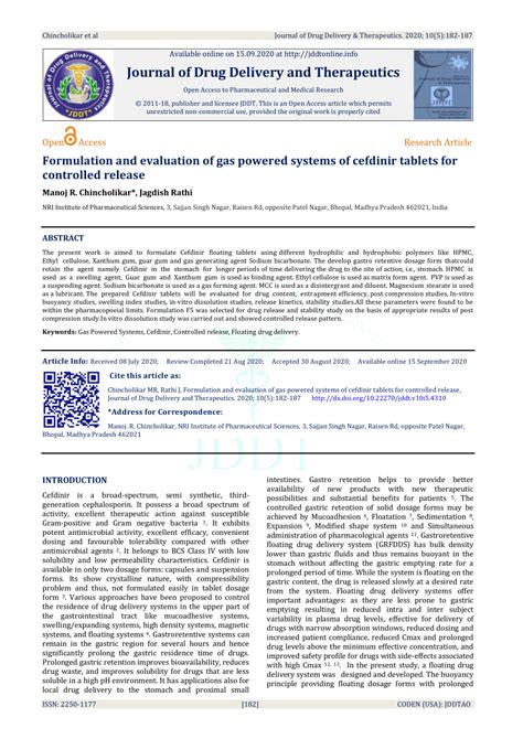 Pdf Formulation And Evaluation Of Gas Powered Systems Of Cefdinir Tablets For Controlled Release