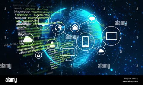 Digital Code And Icons Image Over Rotating Globe And Network