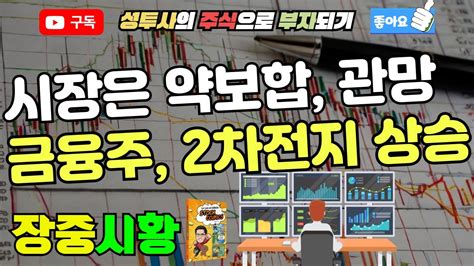장중시황 102 시장은 약보합 관망세 수급주체 매도는 지속 시총상위주 대부분 약보합 금융과 2차전지는 상승세 Youtube