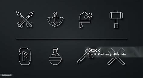 중세 화살 마법의 룬 전투 망치 나무 도끼 물약이 든 병 닻 노 외륜 보트 및 뿔이 달린 헬멧 아이콘의 바이킹을 설정하십시오 벡터 검은색에 대한 스톡 벡터 아트 및 기타