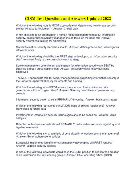 CISM Test Questions And Answers Updated 2022 Test Questions Question