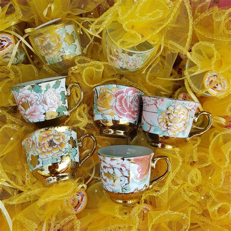 แก้วชาเบญจรงค์ ของชำร่วยงานแต่ง แพคถุงสีทอง ฟรีป้ายชื่อ ของชำร่วยงานเกษียณ งานบวช ของรับไหว้