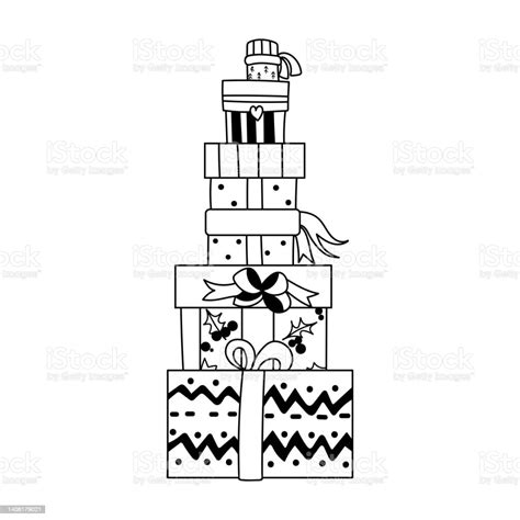 한 손으로 그린 새해와 크리스마스 선물 상자 인사말 카드 포스터 스티커 및 계절 디자인을위한 낙서 벡터 일러스트레이션 흰색
