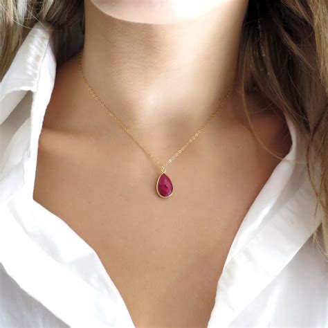 Gold Ruby Necklace Dainty Ruby Teardrop Necklace Simple Ruby Etsy