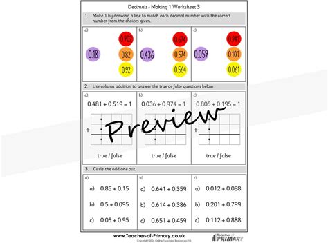 Decimals Making 1 Year 5 Teaching Resources