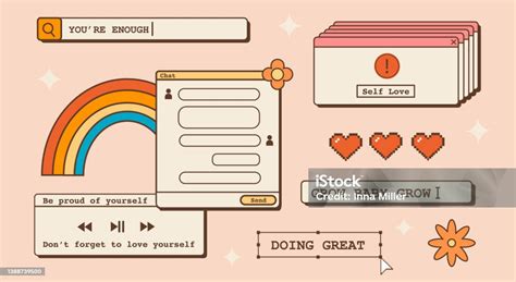 90 년대 오래 된 컴퓨터 사용자 인터페이스 요소와 자기 긍정 향수 포스터 빈티지 미적 대화 창과 자기 사랑 추상적 인 배경 그루비 따옴표와 문구 증기파 스타일 벡터 사랑에