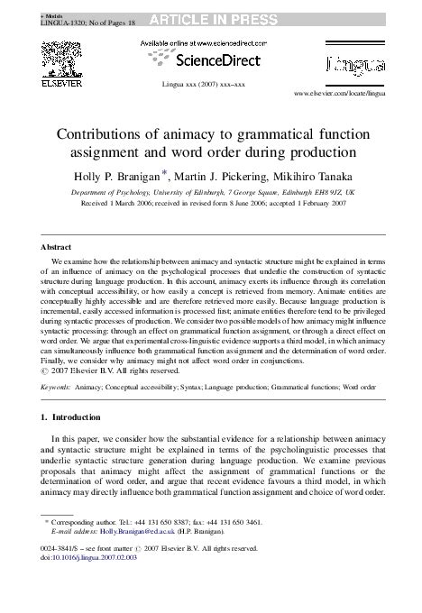 Pdf Contributions Of Animacy To Grammatical Function Assignment And Word Order During Production