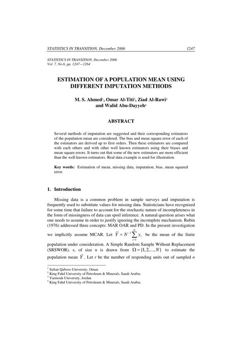 Pdf Estimation Of A Population Mean Using Different Imputation Methods