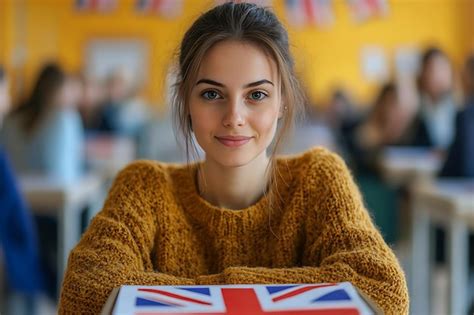 Young Woman In Classroom With Uk Flag Education And British Culture
