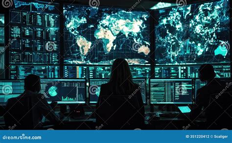 Diverse Team Analyzing Global Data In High Tech Control Room With Multiple Monitors And World
