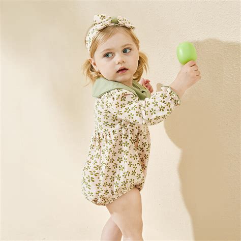 신생아 소녀 코튼 롬퍼 O 넥 나비 프린트 귀여운 유아 점프수트 한국 전체 소매 바디 수트 어린이 헤어 밴드 봄 신상