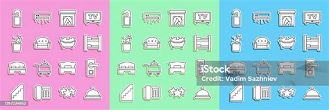 음식 트레이 디지털 도어 잠금 장치 호텔 객실 침대 인테리어 벽난로 소파 병 샴페인 방해하지 말고 욕조 아이콘으로 덮인 세트 라인 벡터 가구에 대한 스톡 벡터 아트 및 기타