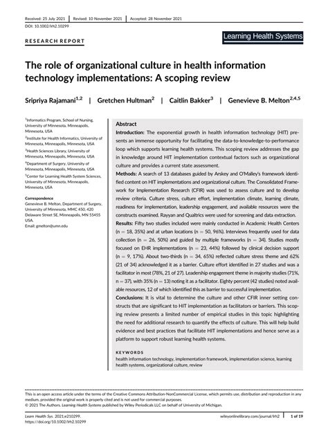 Pdf The Role Of Organizational Culture In Health Information Technology Implementations A
