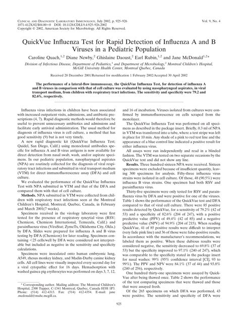 Pdf Quickvue Influenza Test For Rapid Detection Of Influenza A And B Viruses In A Pediatric