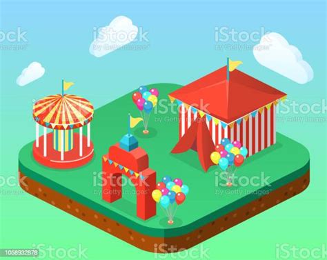 등각 투영 평면 3d 벡터 Carousels와 시 배너입니다 놀이 공원 3차원 형태에 대한 스톡 벡터 아트 및 기타 이미지 3차원 형태 Film Festival 거리
