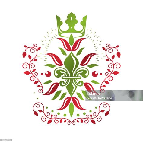 로얄 기호 릴리 꽃 그래픽 상징 크라운 왕 구성 전 령 벡터 디자인 요소입니다 레트로 스타일 레이블 문장 학입니다 골동품에 대한