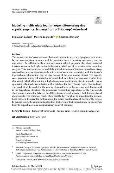 Modeling Multivariate Tourism Expenditure Using Vine Copula Empirical Findings From Of Fribourg