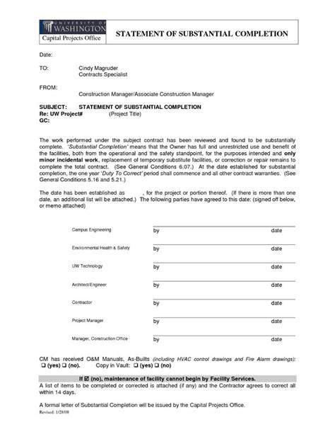 Certificate Of Substantial Completion Template