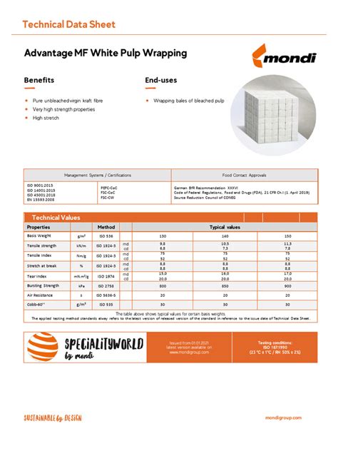 Mondi Spkp Tds Advantage Mf White Pulp Wrapping Pdf Technology And Engineering