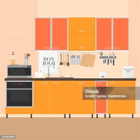 주방 인테리어로 꾸며진 다 벡터 그림입니다 하우스 디자인 요리 요소 칼 숟가락 포크 비누 스토브 싱크대 기름 멀티 밥솥 프랑스어 인용 봉주르와 함께 사진은 할로 내 친구를