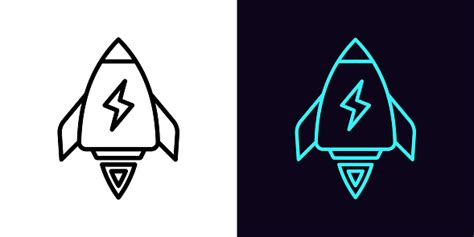 편집 가능한 획이 있는 윤곽선 로켓 아이콘입니다 번개 기호 빠른 발사 픽토그램이 있는 우주선 프레임 시작 성장 비행 부스터 전기 에너지 전력 고속 충전 0명에 대한 스톡